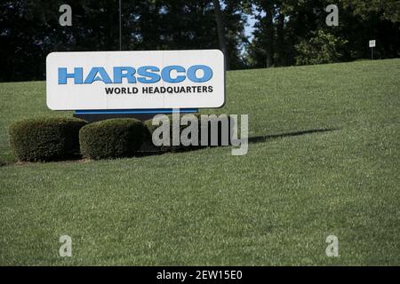 A logo sign outside of the headquarters of the Harsco Corporation in ...