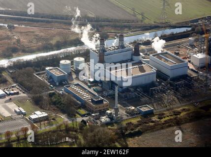 aerial view of Keadby Power Station (gas fired) and a wind farm ...
