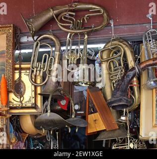 Damaged Beaten Brass Musical Instruments at Flea Market Stock Photo - Alamy