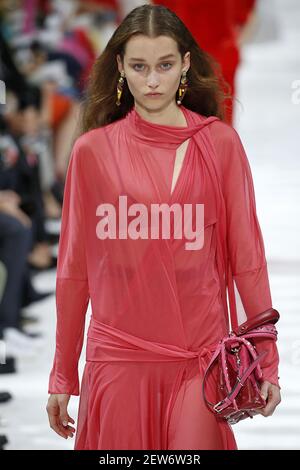 Model Elien Swalens walks on the runway during the Sacai Fashion Show ...