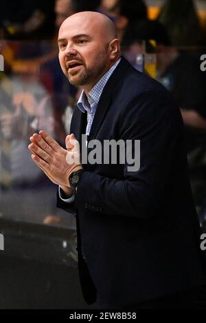 Mons' head coach Vedran Bosnic talks to his players during a basketball ...