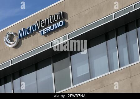 A logo sign outside of the headquarters of MicroVention, Inc., in Aliso ...