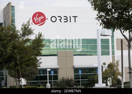A logo sign outside of the headquarters of Virgin Orbit in Long Beach ...
