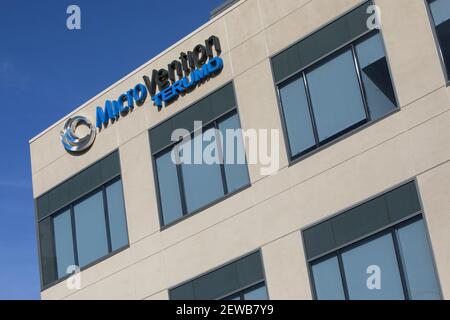 A logo sign outside of the headquarters of MicroVention, Inc., in Aliso ...