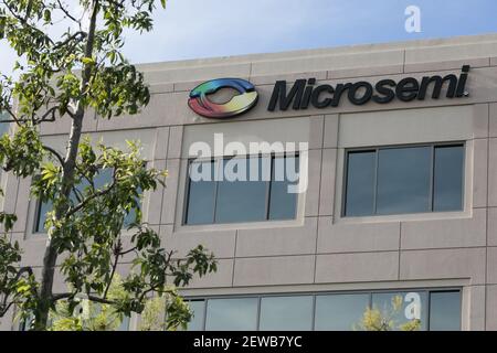 A logo sign outside of the headquarters of the Microsemi Corporation in ...