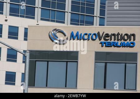 A logo sign outside of the headquarters of MicroVention, Inc., in Aliso ...