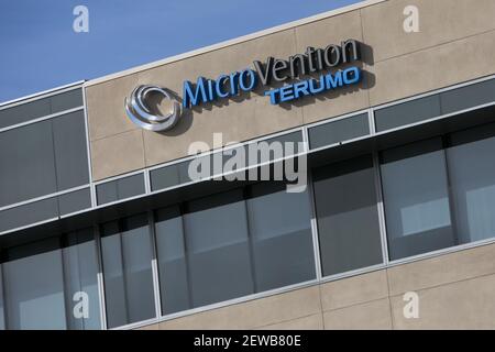 A logo sign outside of the headquarters of MicroVention, Inc., in Aliso ...