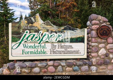 welcome entrance sign at Jasper National Park, Alberta, Canada. Photo ...