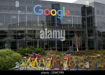 Google signage with logo at the Googleplex, headquarters of Google Inc ...