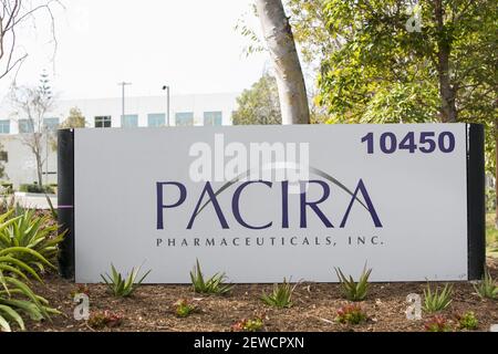 A logo sign outside of the headquarters of Pacira Pharmaceuticals, Inc ...