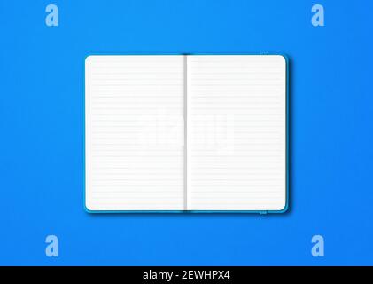 Cyan open lined notebook mockup isolated on blue background. Horizontal ...