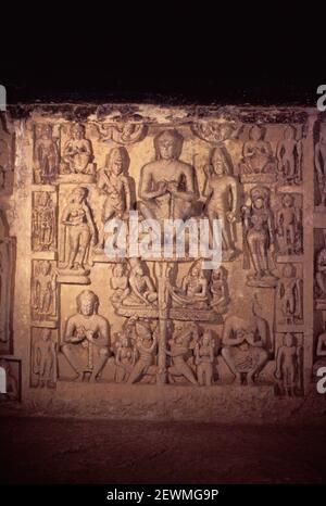 Cave 90, Left wall centre, Miracle of Sravasti, Nagas, Traikutaka ...