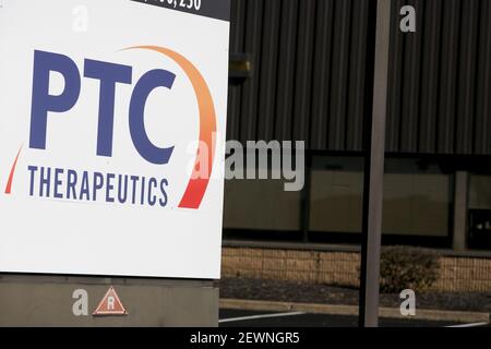 A logo sign outside of the headquarters of PTC Therapeutics in South ...