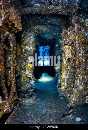 Scuba Diver inside the HMAS Brisbane Wreck, Sunshine Coast, Queensland ...
