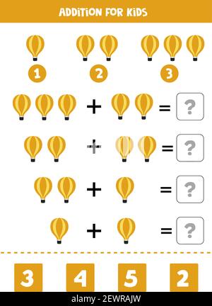 Addition game with cartoon hot air balloon. Math game for kids Stock ...