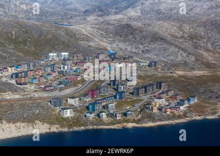 Aerial view of Nuuk, or Godthåb, the Capital and the largest city in ...
