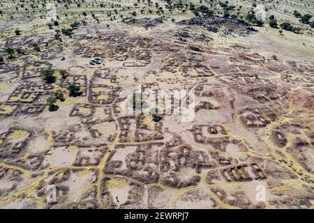 Aerial view of Agadez Niger Africa Tower at center left is mosque town ...