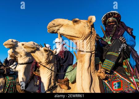 Traditional dressed Tuaregs on their camels, Oasis of Timia, Air ...