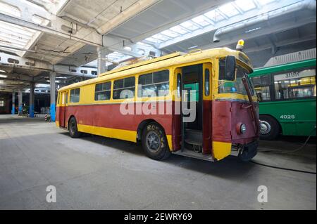 Trolley depot hangar, trolleybuses parked for technical inspection ...
