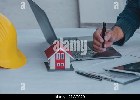 Architect worker Engineer soft focus work by laptop computer on site ...