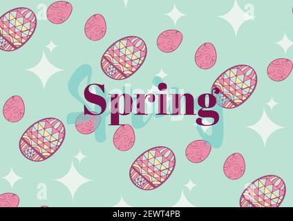 Spring text with stars and easter eggs on green background Stock Photo ...