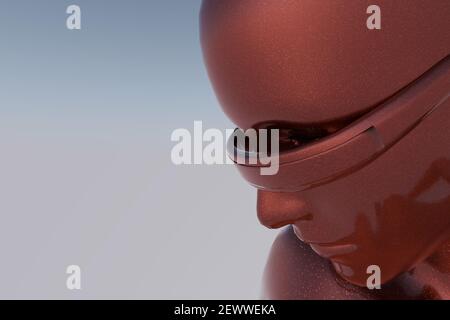 A 3D rendering of the head of a deformed elf-like mannequin with no ...