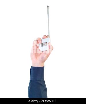 Man with tape measure isolated on white Stock Photo - Alamy