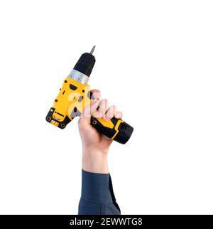 A man's arm raised holding an electric screwdriver isolated on white ...