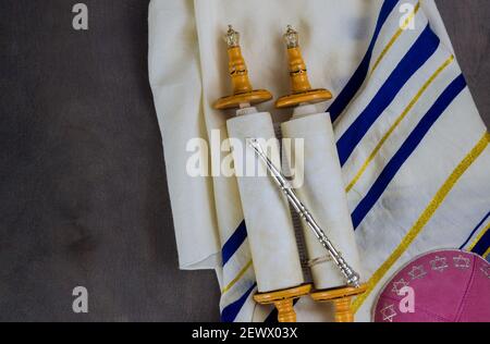Jewish holidays, during prayer items kippa with prayer shawl tallit on ...
