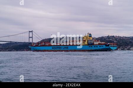 Fatih Sultan Mehmet Bridge with freighter on Bosphorus strait Stock ...