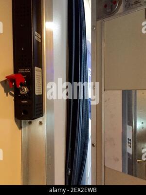 Cockpit view in Boeing 757-200 with pilot and co-pilot and navigator ...