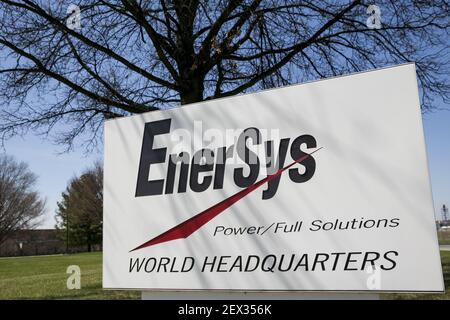 A logo sign outside the headquarters of Enersys in Reading ...