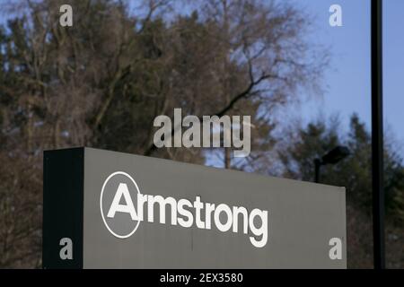 A logo sign outside the headquarters of Armstrong World Industries, Inc ...
