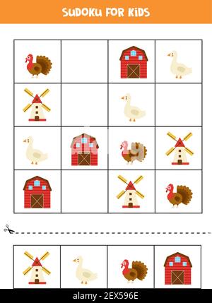 Vector farm sudoku puzzle for kids with pictures. Simple on the farm ...