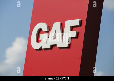 A logo sign outside of the headquarters of GAF Materials Corporation in ...