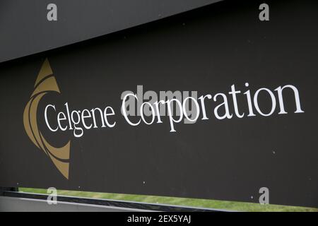 A logo sign outside of the headquarters of the Celgene Corporation in ...