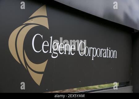 A logo sign outside of the headquarters of the Celgene Corporation in ...