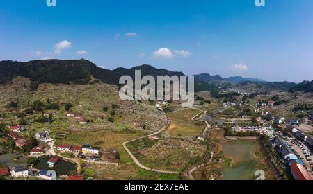 Aerial photo shows the early spring scenery of terraced fields in ...
