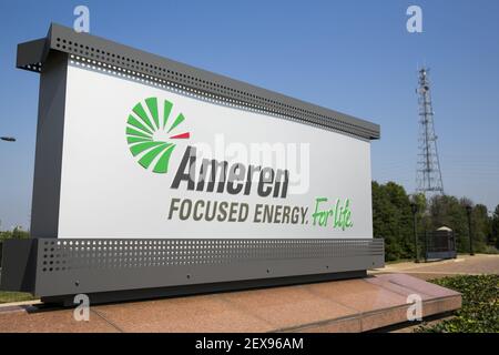 A logo sign outside of the headquarters of the Ameren Corporation, in ...