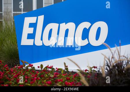 A logo sign outside of the headquarters of Elanco Animal Health, in ...