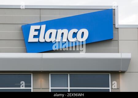 A logo sign outside of the headquarters of Elanco Animal Health, in ...