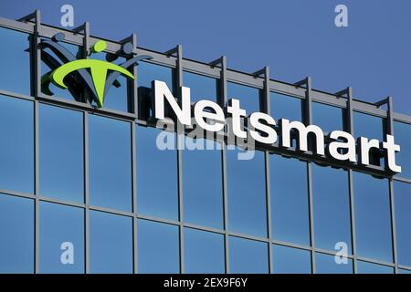 A logo sign outside of the headquarters of Netsmart Technologies in ...