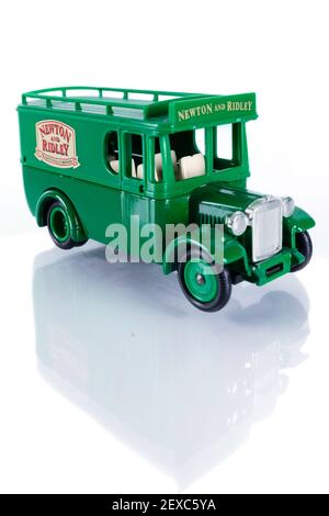 Worn diecast model of a vintage 'Newton and Ridley'' brewery charabanc ...
