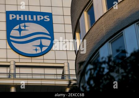 A logo sign outside of the headquarters of Koninklijke Philips N.V. in ...