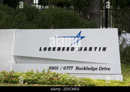 A logo sign outside of the headquarters of Lockheed Martin in Bethesda ...