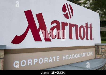 A logo sign outside of the headquarters of Marriott International, Inc ...