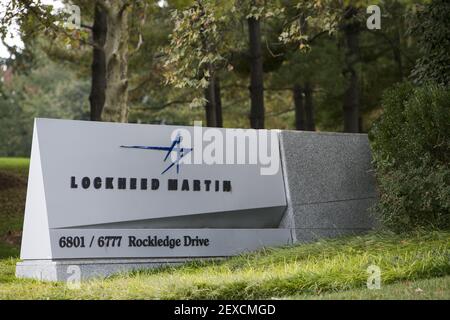A logo sign outside of the headquarters of Lockheed Martin in Bethesda ...