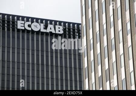 A logo sign outside of the headquarters of Ecolab, Inc., in St. Paul ...
