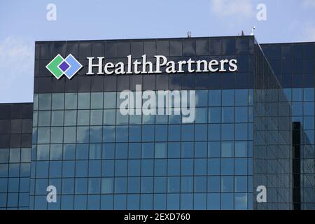 A logo sign outside of the headquarters of HealthPartners in ...