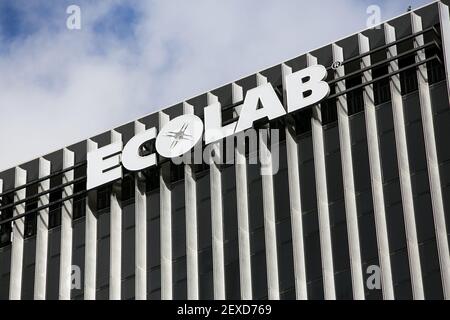 A logo sign outside of the headquarters of Ecolab, Inc., in St. Paul ...